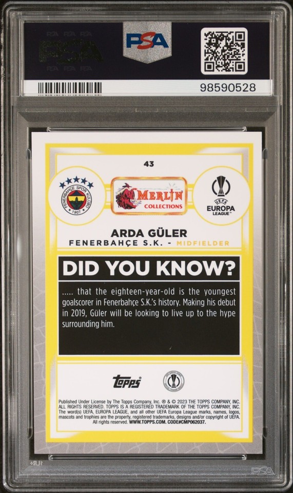 Arda Guler 2022-23 TOPPS MERLIN CHROME UEFA UCC #43 PSA 10 Rookie Card ...