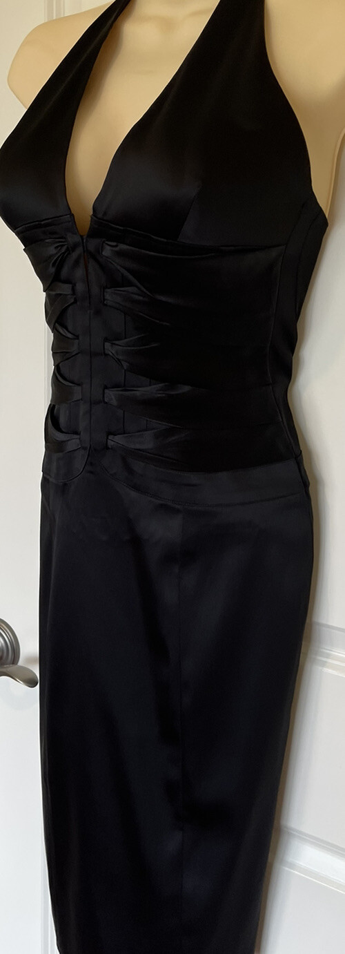 Cache Evening Black Satin Halter Sheath Dress- Sz 2~… - Gem