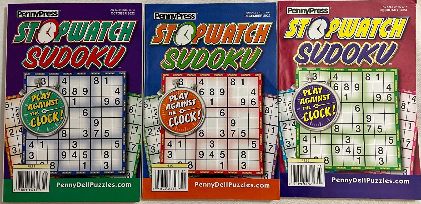 Lot of (3) Penny Press Stopwatch Sudoku Puzzles Puzzle Books 2022 2023 ...