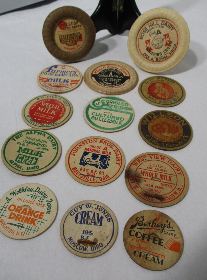 Mixed Vintage Lot of 14 Dairy Farms Cardboard Milk Bottle Caps Lids ...