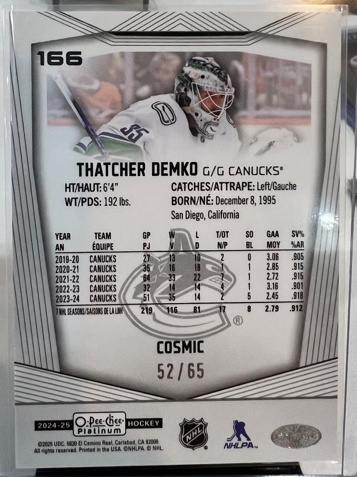 2024-25 OPC Platinum THATCHER DEMKO Cosmic # 52/65 Canucks | eBay