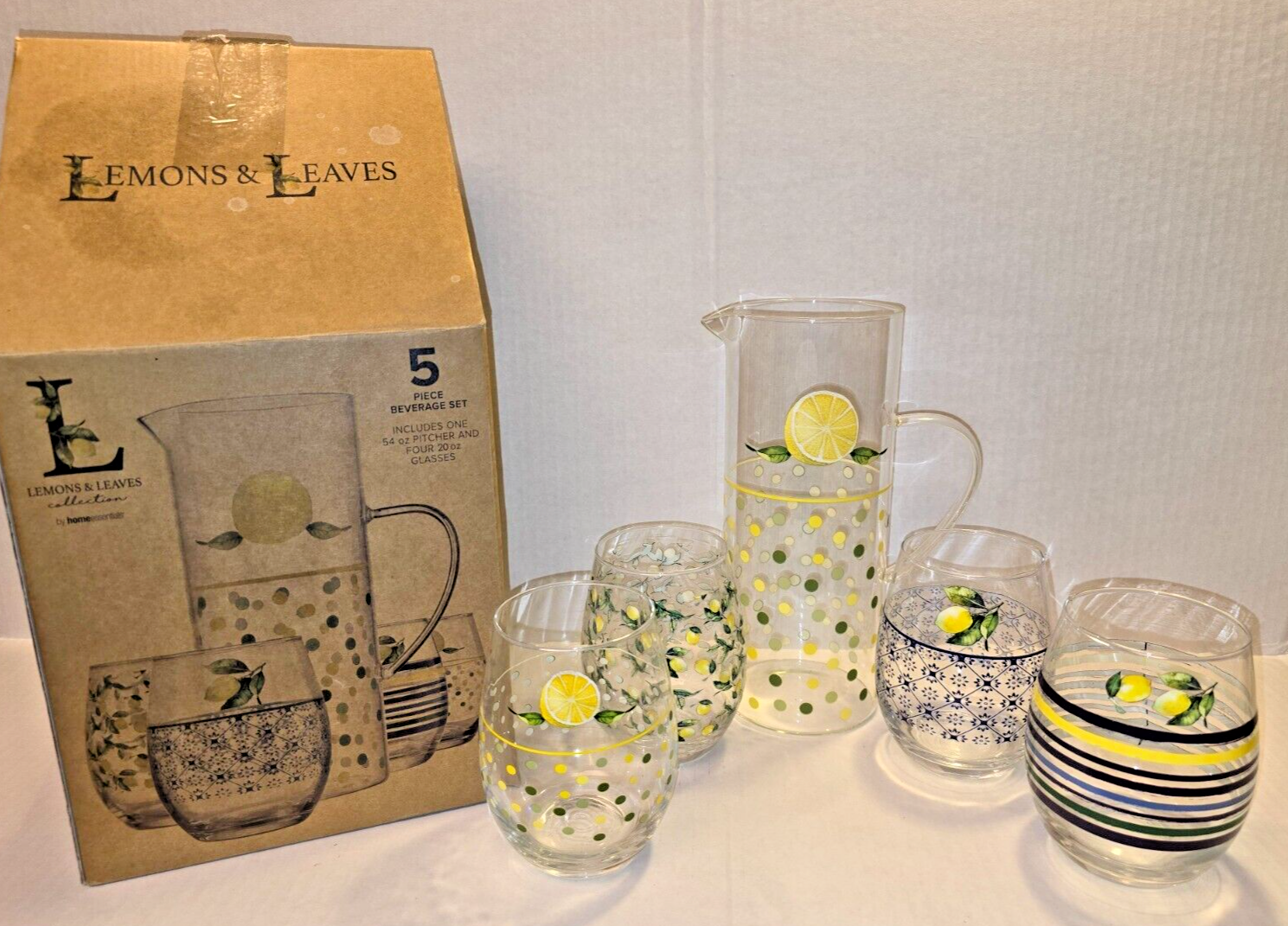 Pitcher And 4 Glasses HOME ESSENTIALS PITCHER SET Lemon & Leaves | eBay
