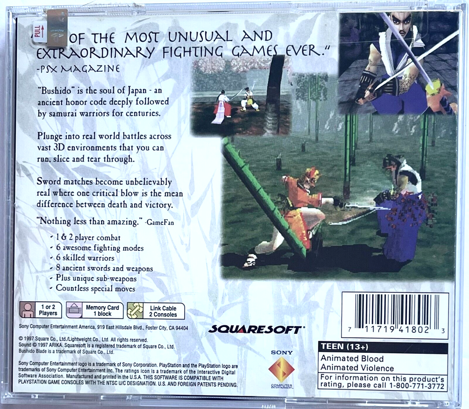 BUSHIDO BLADE SONY PLAYSTATION 1 SQUARESOFT PS1 MINT CONDITION PS1 GAME ...