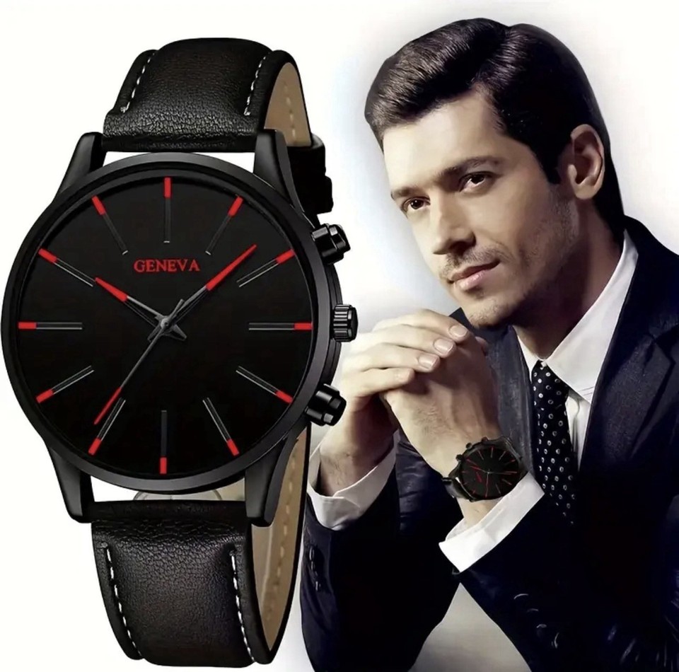 Geneva 3 Piece Mens Watch Set Luxury Quartz Gold Silver Black Red Blue ...