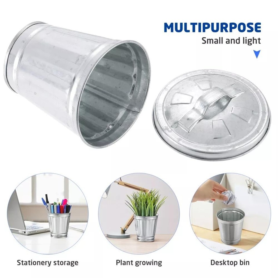 1Pcs Sliver Mini Galvanized Trash Can Desktop Metal Wastebasket Garbage ...