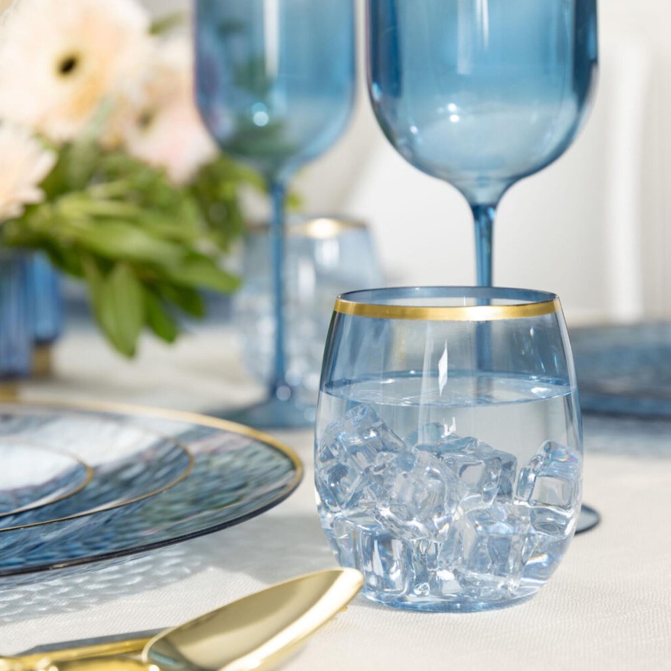 [6pcs] 12oz Fancy Plastic Blue Wine Goblets Stemless Unbreakable with ...