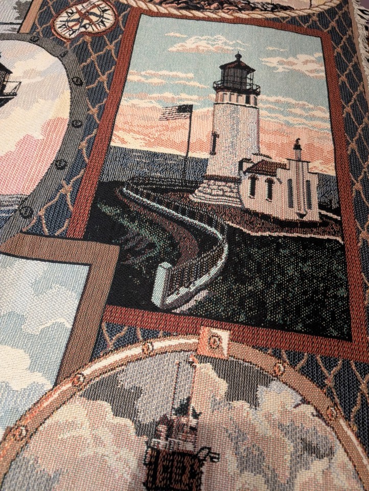 Vtg Crown Craft Lighthouse Woven Tapestry Throw Blanket Fringe Nautical ...