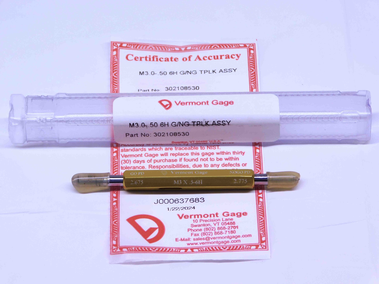 NEW M3 X .5 6H VERMONT THREAD PLUG GAGE 3 0.5 GO NO GO P.D.'S = 2.675 ...