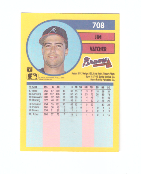 1991 Fleer Baseball Card #708 Jim Vatcher Braves | eBay