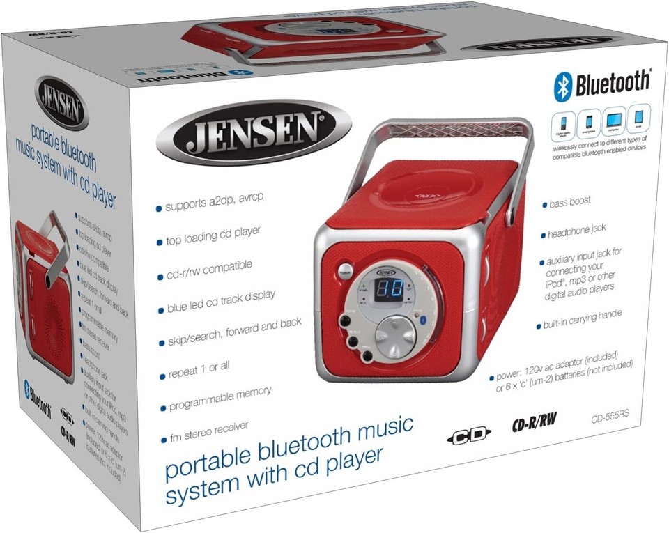 Jensen CD-555 Red CD Bluetooth Boombox Portable Bluetooth Music System ...