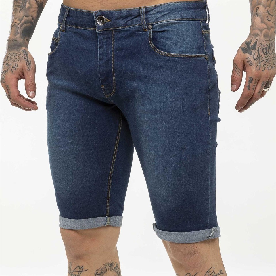 New Kruze Mens Skinny Fit Ripped Shorts Stretch Distressed Half Denim ...