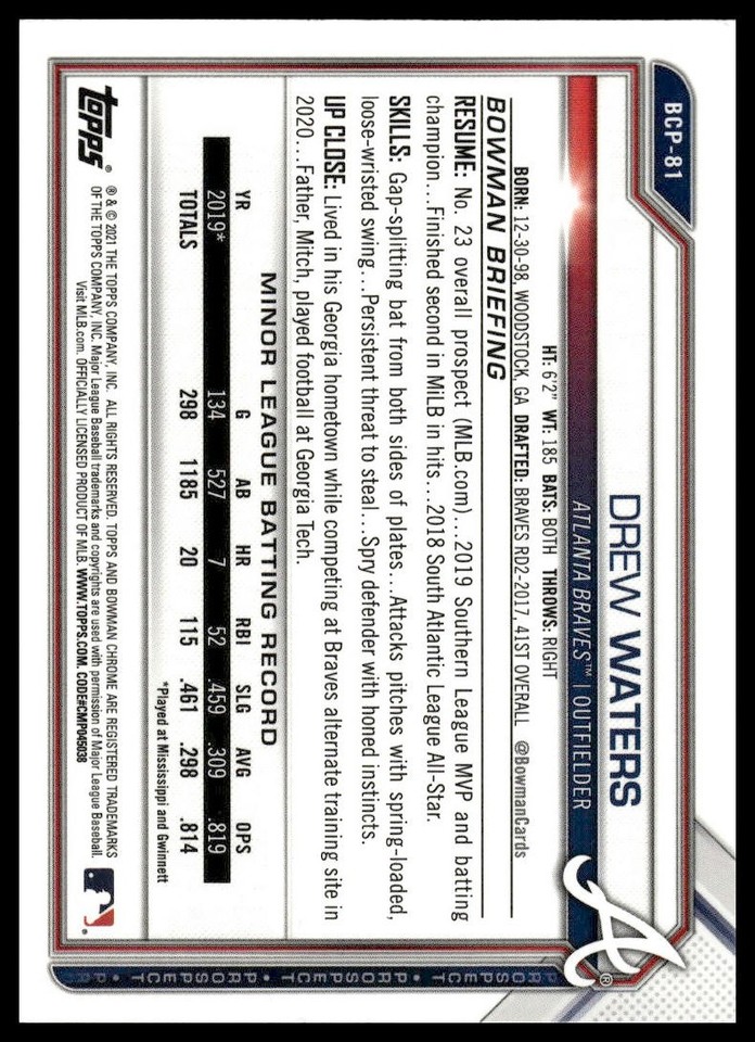 2021 Bowman Sapphire Edition #BCP-81 Drew Waters Atlanta Braves NM+ ...