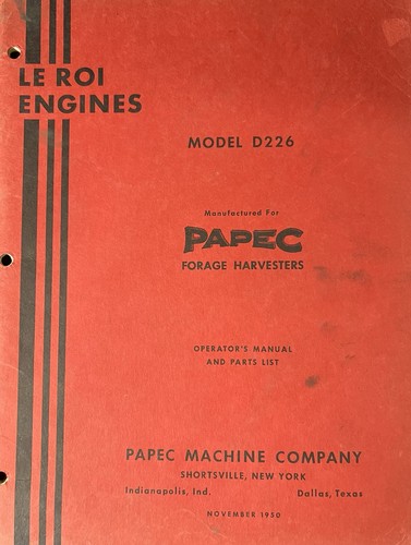 Le Roi Engines Model D226 Paper Forage Harvesters Operator’s Manual ...