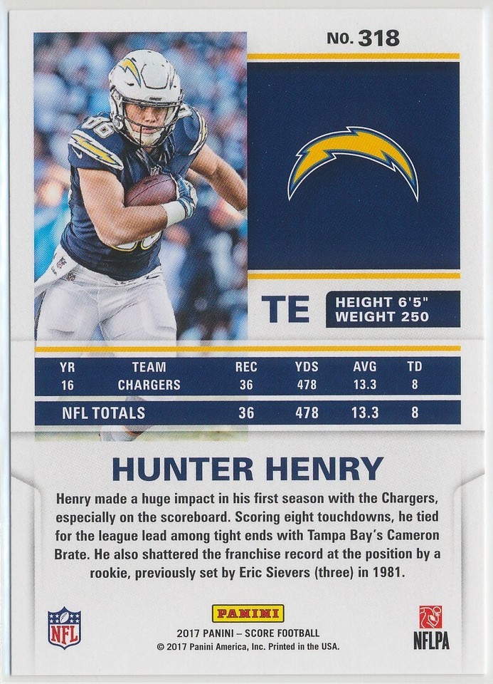 Hunter Henry - Los Angeles Chargers - 2017 Panini Score Football - Base ...