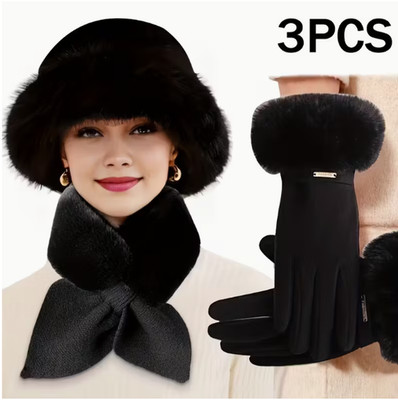 WOMENS HAT SET-3pcs BLACK Winter Warm Accessory Set - BLACK | eBay