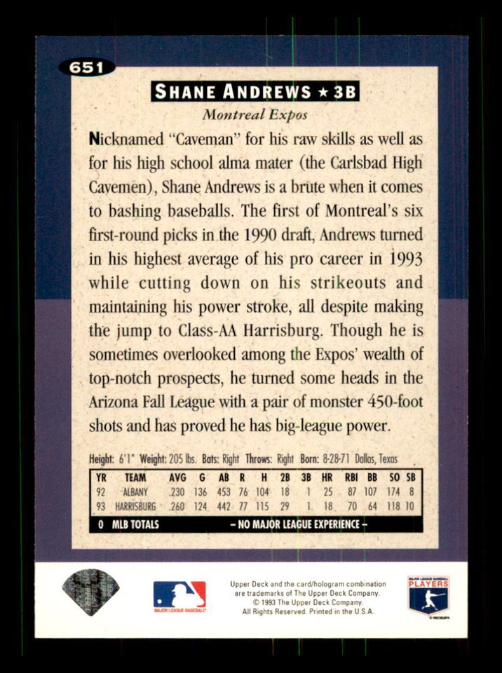 1994 Baseball Upper Deck CC Shane Andrews Montreal Expos #651 RCL | eBay