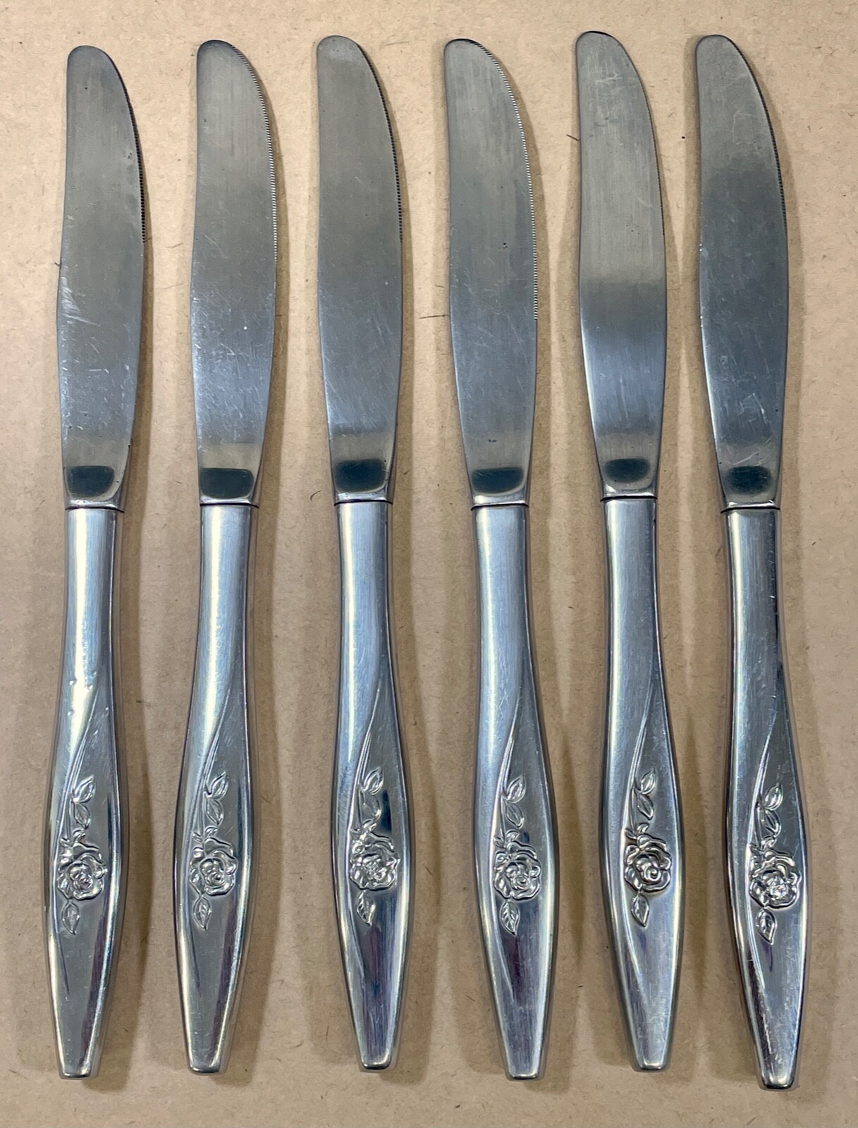 6PC ONEIDA ONEIDACRAFT LASTING ROSE DELUXE STAINLESS DINNER KNIVES ...