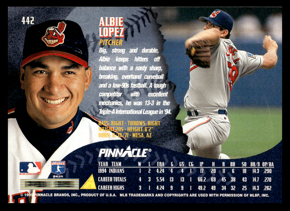1995 Pinnacle Albie Lopez #442 Cleveland Indians MLB Baseball | eBay