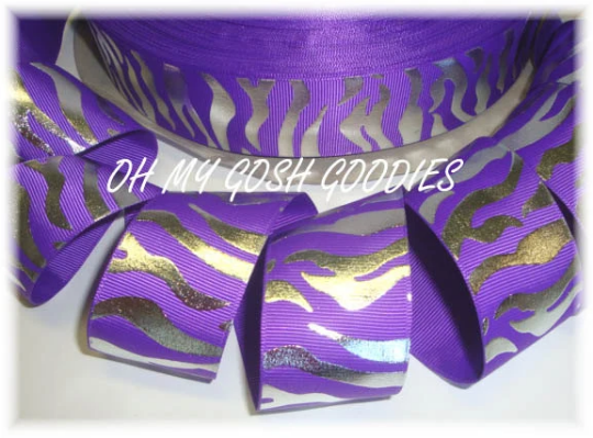 7/8 PURPLE SILVER METALLIC ZEBRA SRIPE GROSGRAIN RIBBON FOR FOOTBALL ...