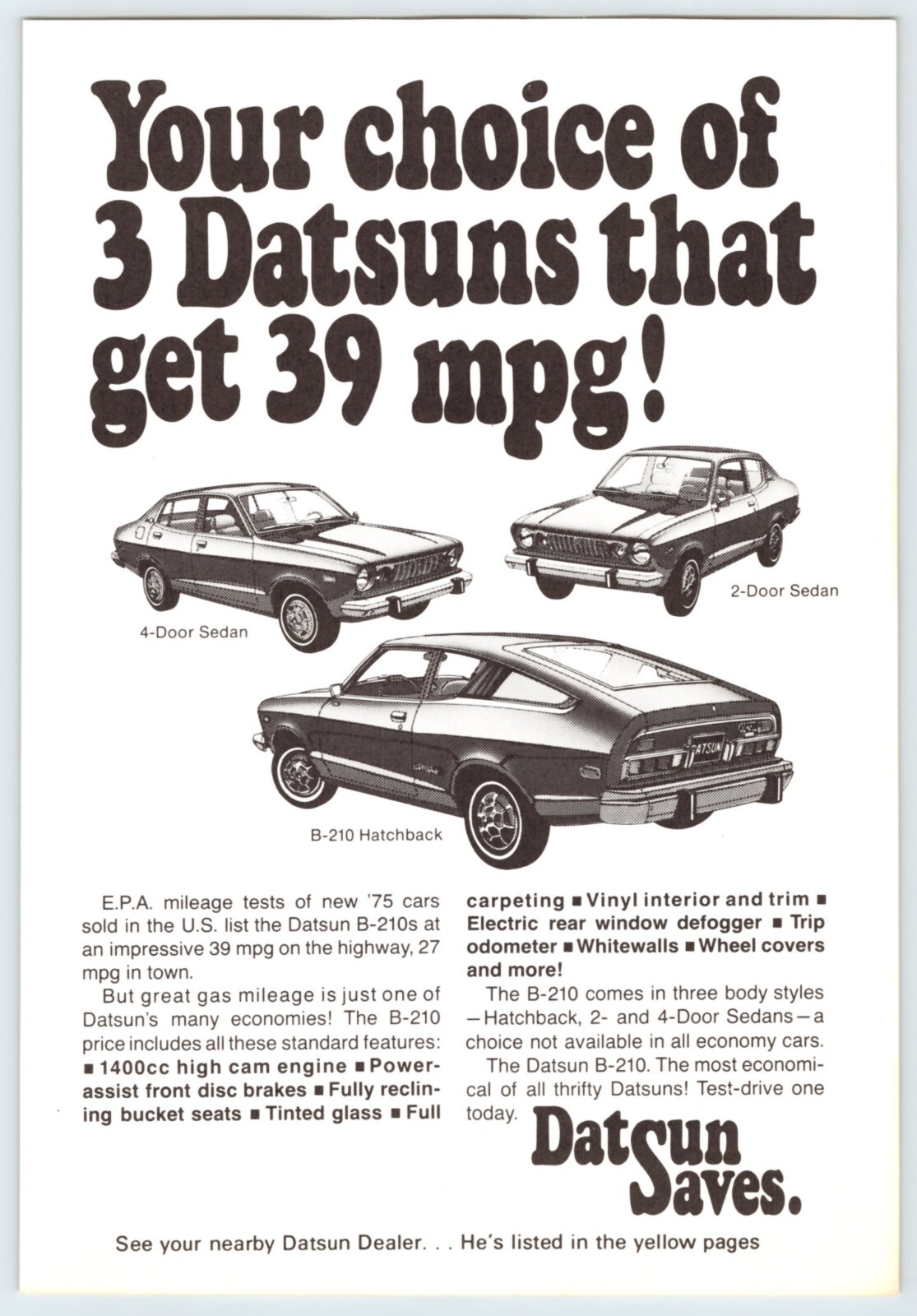 1975 3 DATSUN CARS THAT GET 39 MPG Vintage 7"X10" Magazine Ad 1970's ...