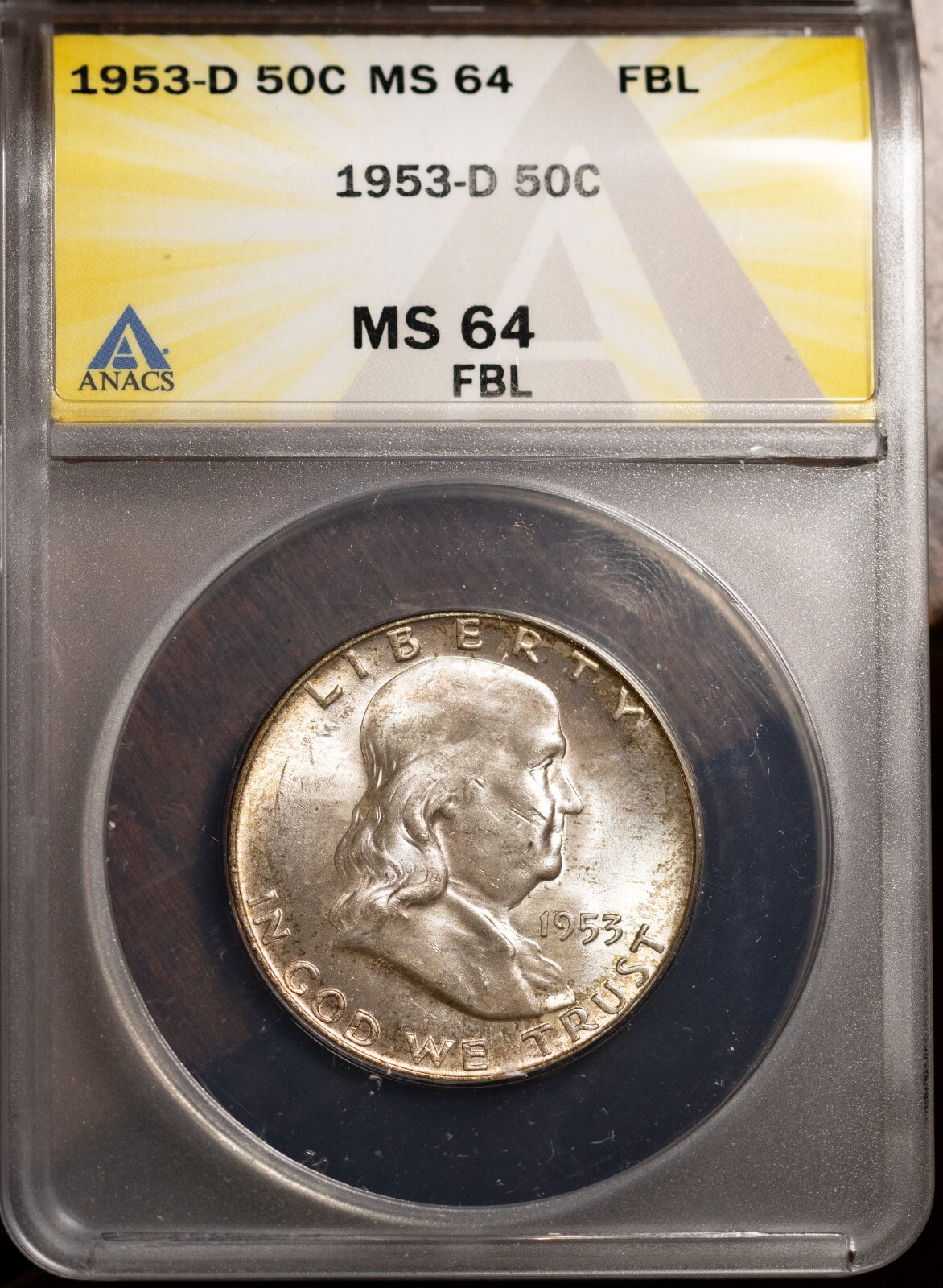 1953-D 50c Silver Franklin Half-dollar MS 64 FBL New ANACS # 7351607 ...