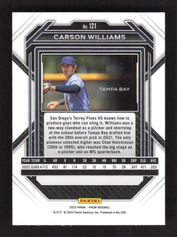 Carson Williams 2023 Panini Prizm Baseball Tampa Bay Rays #121 | eBay