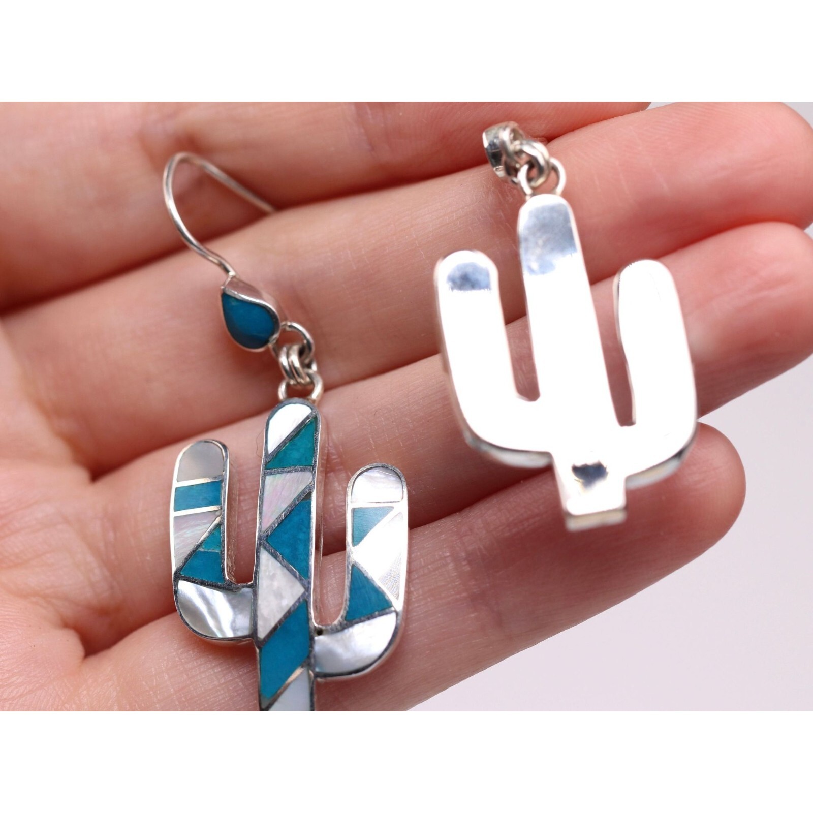 Sterling Silver Saguaro Cactus Inlay Earrings w/ Turquoise & Mother of ...