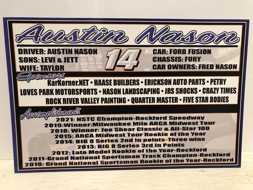 2022 AUTOGRAPHED AUSTIN NASON FORD CARS ASPHALT LATE MODEL STOCK CAR ...