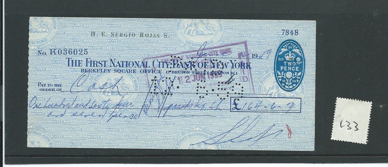 wbc. - CHEQUE - CH133 - USED -1950s - FNCB of NEW YORK - BERKELEY SQ ...