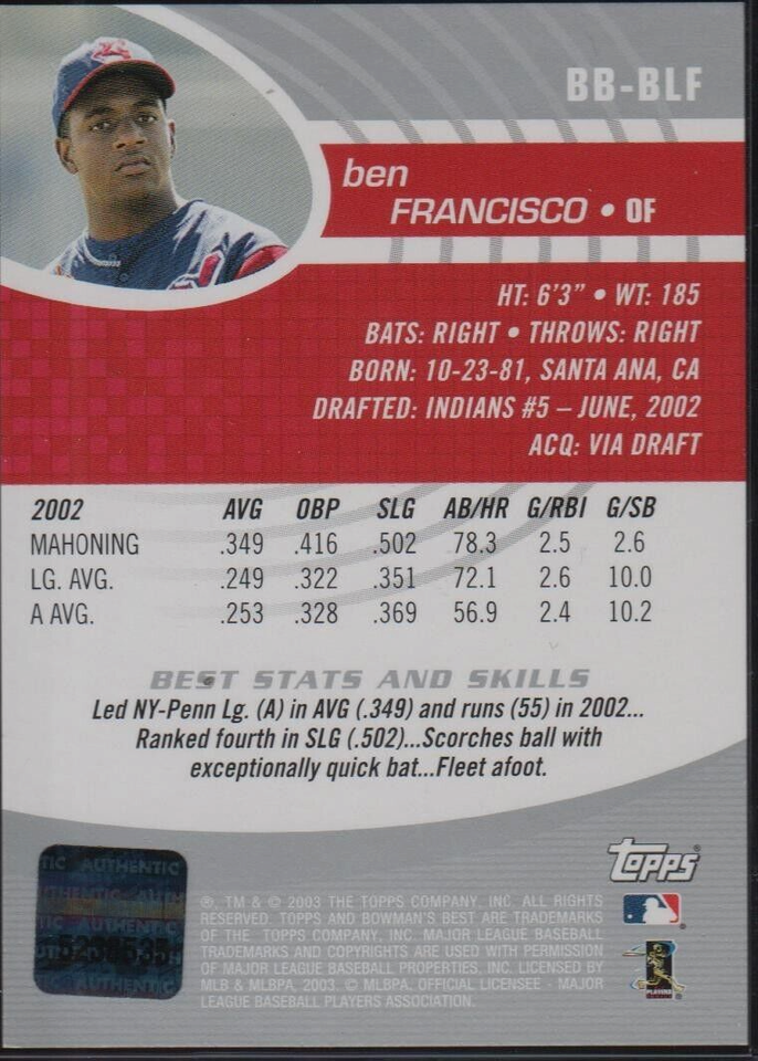 Ben Francisco (Indians) 2003 Bowman's Best Blue Rookie Autograph BBB ...