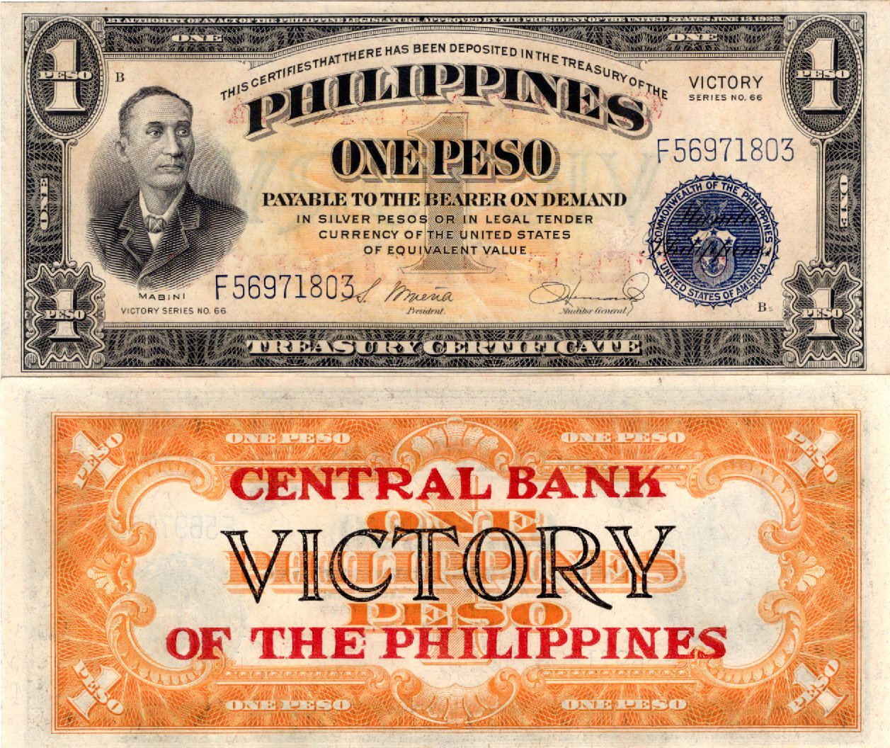 PHILIPPINES 1 Peso 1949 P 117a MINOR FOXING THICK LETTER Overprint ...