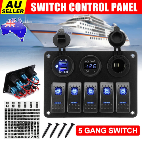 5 Gang 12V 24V Switch Panel ON OFF Toggle LED Rocker Dual USB Car ...