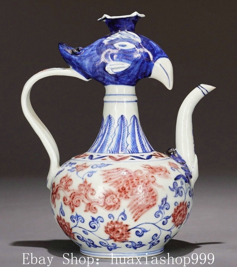 8.6" Xuande Dynasty Blue White Red Glaze Porcelain Phoenix Wine Tea Pot ...