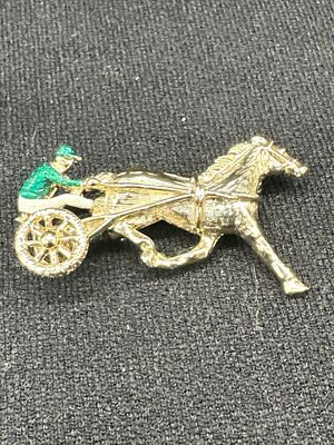 Vtg GERRYS Horse Racing Trotter Jockey GOLD ENAMEL Brooch wheel Turns ...