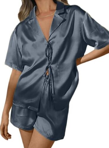 Chyrii Womens Silk Satin Pajama Tie Front Short Sleeve Top Size Large