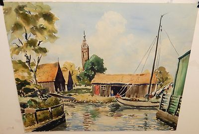 DOMINICK GUIDA ORIGINAL WATERCOLOR FISHERMAN TOWN PAINTING DATED 1964 ...