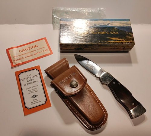 Western S-532 Folding Lockback Knife Etched Deer Blade,Box,Paper,Sheath ...