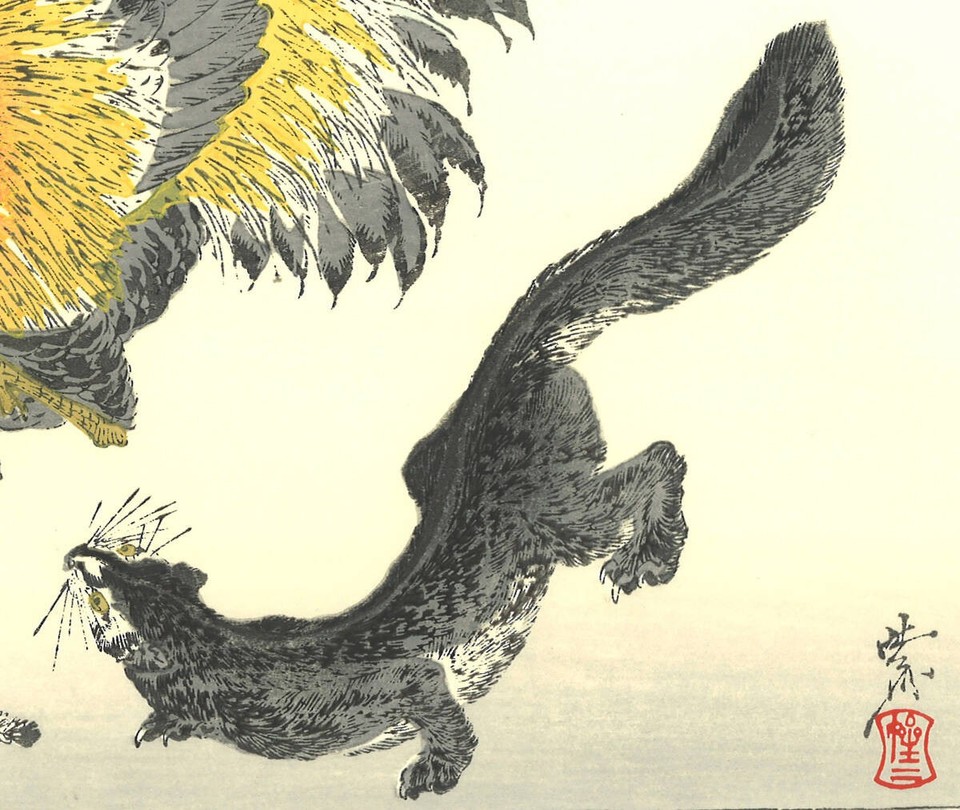 Framed Kawanabe Kyosai Woodblock print Chicken and Weasel 120th ...