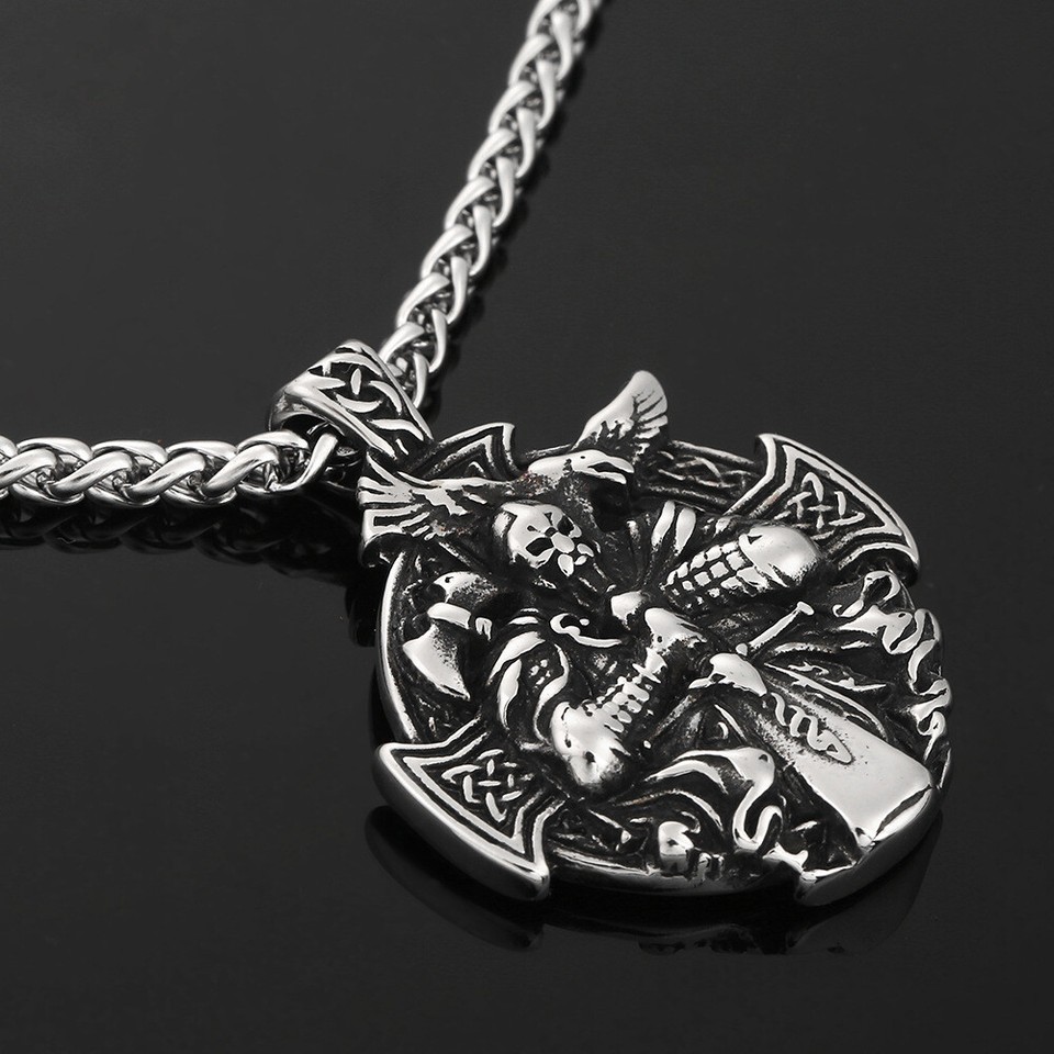 Mens Vintage Viking Norse Odin Warrior Raven Shield Pendant Necklace ...