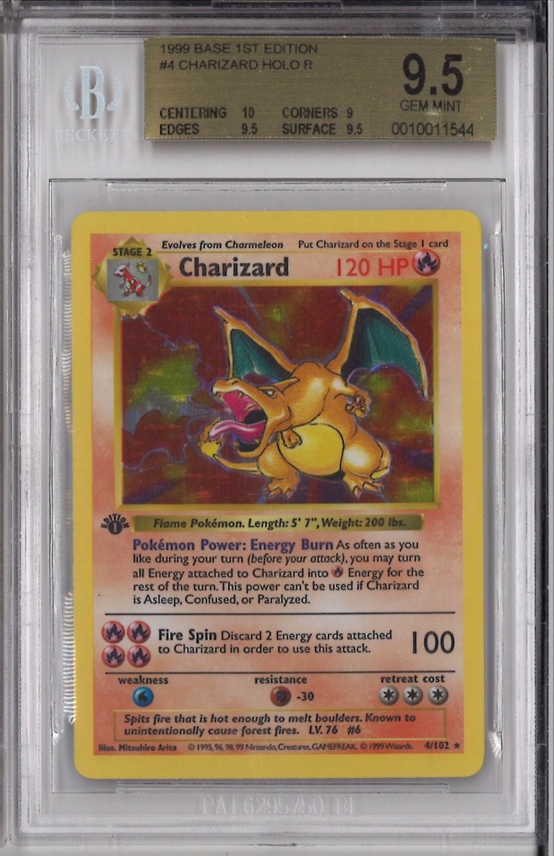BGS 9.5 w/10 CHARIZARD 1ST EDITION SHADOWLESS 1999 POKEMON BASE #4 HOLO ...