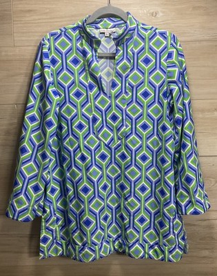 Jude Connally Purple Green Geometric Mod Print Tunic Top Women’s Size ...