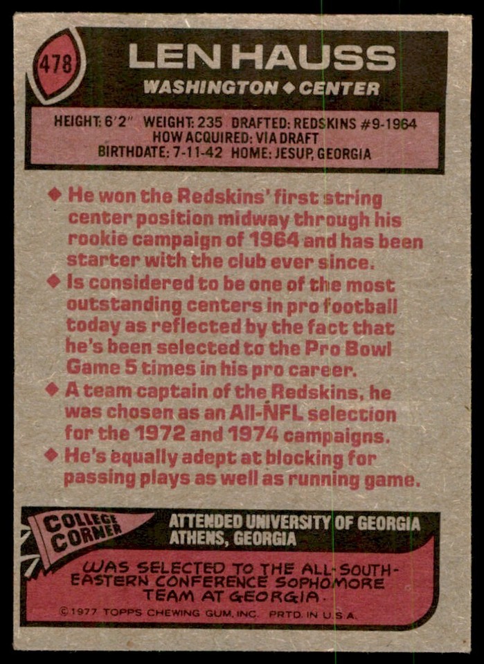 1977 TOPPS LEN HAUSS . WASHINGTON REDSKINS #478 | eBay