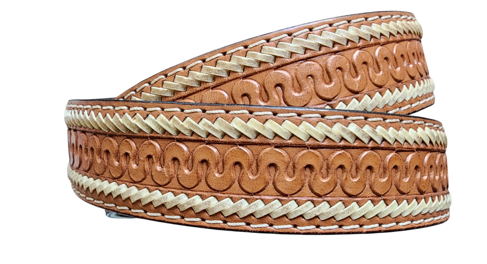 Western Cowboy Ranger Tooled‎ Tan Leather Belt Whip Stitch Serpentine ...
