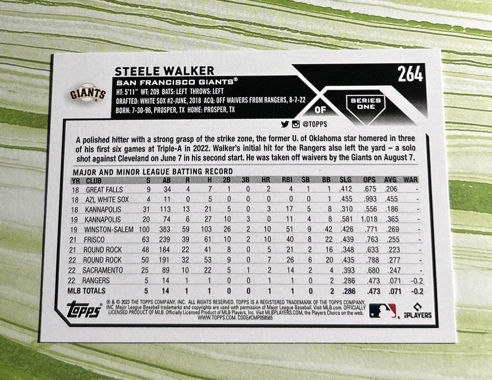 2023 Topps Baseball RC #264 Steele Walker (San Francisco Giants) | eBay