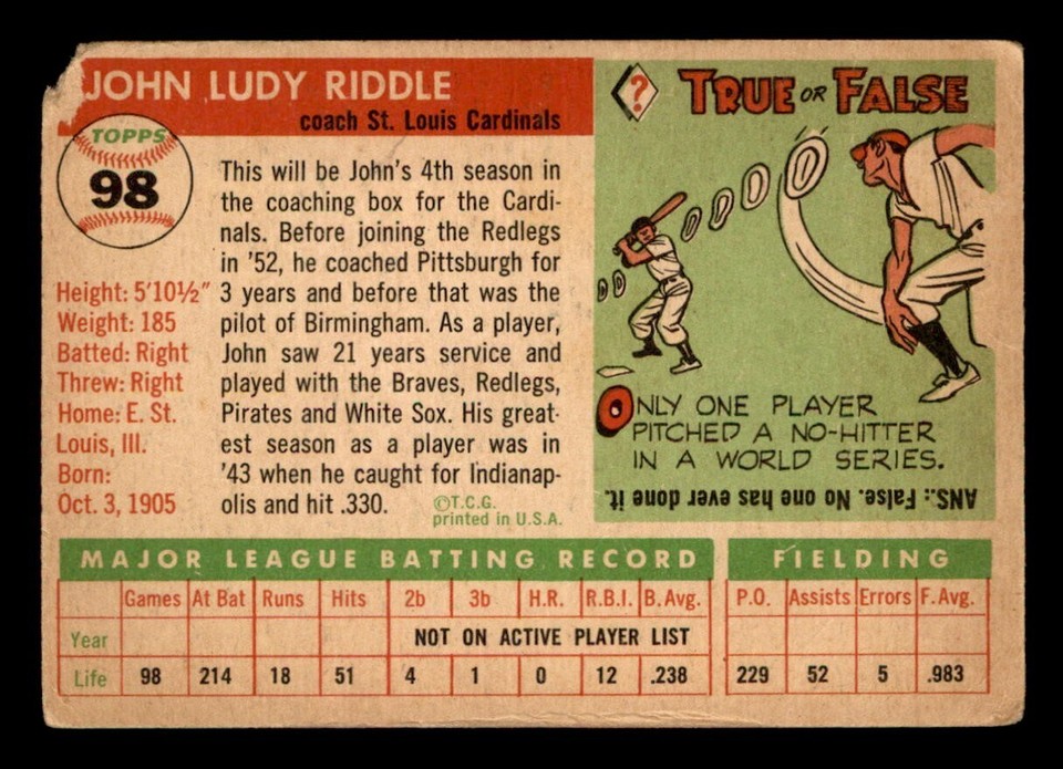 1955 Topps Baseball #98 Johnny Riddle PR *j1 | eBay