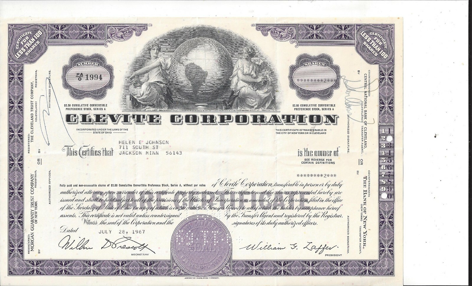 CLEVITE CORPORATION.....1967 PREFERRED STOCK CERTIFICATE | eBay