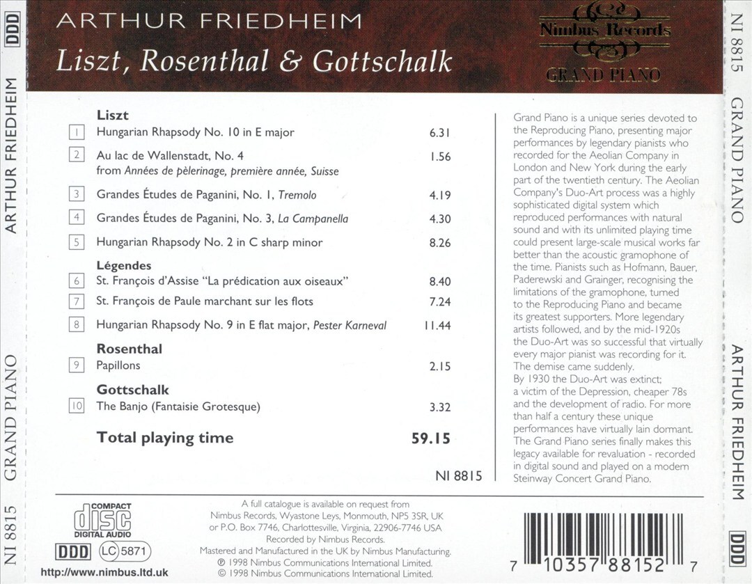 ARTHUR FRIEDHEIM GRAND PIANO: LISZT, ROSENTHAL & GOTTSCHALK NEW CD ...