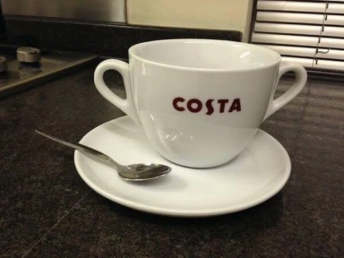 COSTA COFFEE LARGE CUP DOUBLE HANDLE WITH SAUCER AND SPOON MASSIMO MUG ...