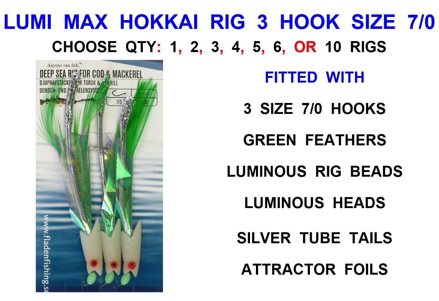 LUMI MAX HOKKAI RIGS 3 HOOK 7/0 SEA FISHING LURES COD POLLOCK MACKEREL ...