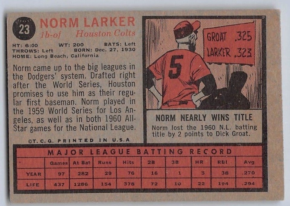 1962 NORM LARKER - Topps Baseball Card # 23 - HOUSTON COLTS | eBay